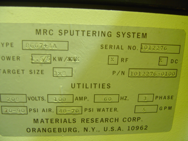 for Sale: MRC 8667 Sputtering System | Used